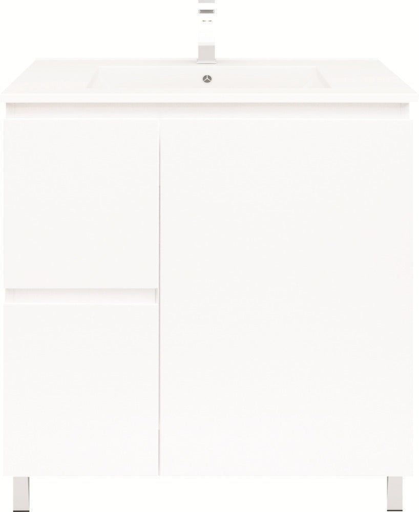 Bianca 750mm Square Vanity on Legs with Ceramic Basin – Left Drawers