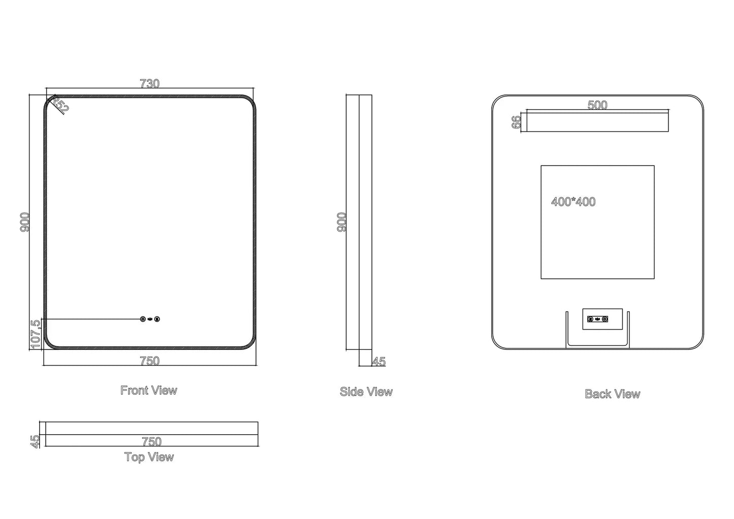 Maia 750×900mm LED Rectangular Mirror – Matt Black Frame