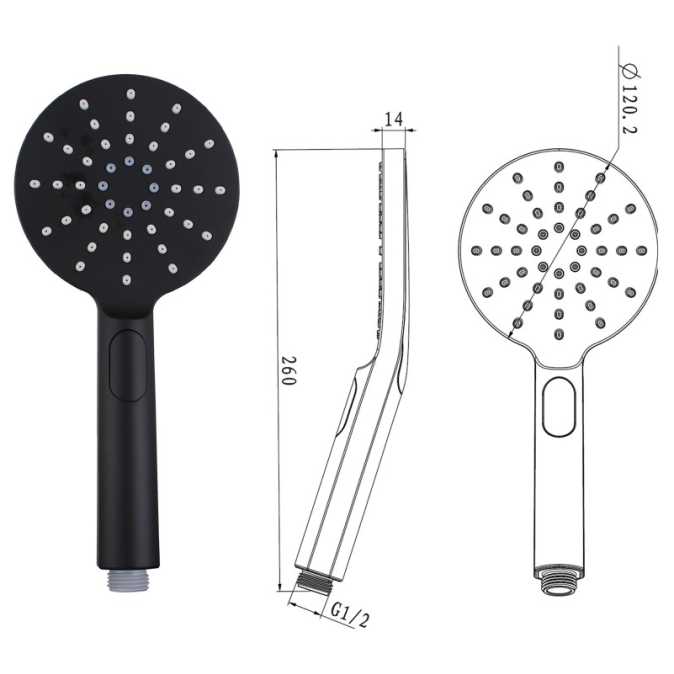 Aquaperla Round Black 3 Functions Handheld Shower Set With Rail Wall ...