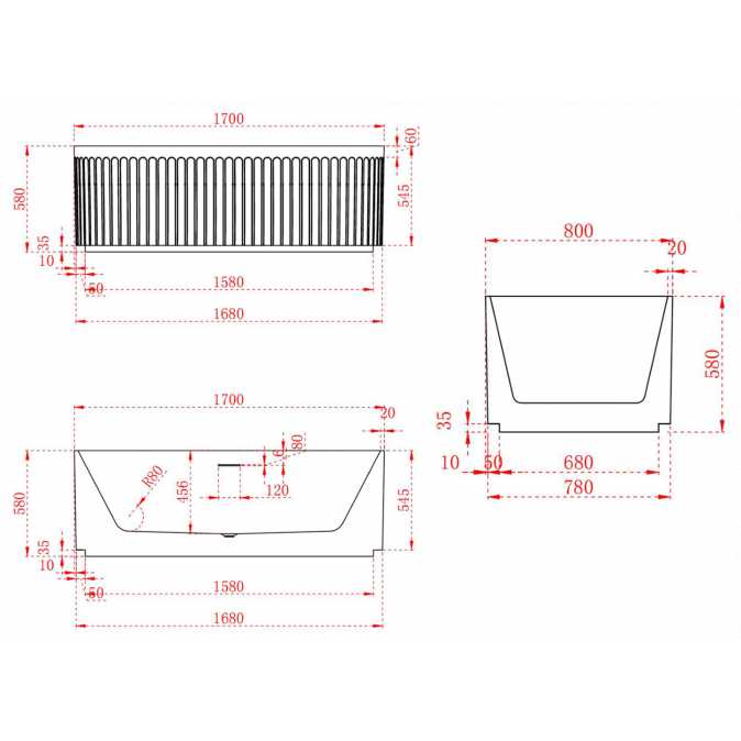 1700mm Artemis Freestanding Bath: Fluted, Matte White